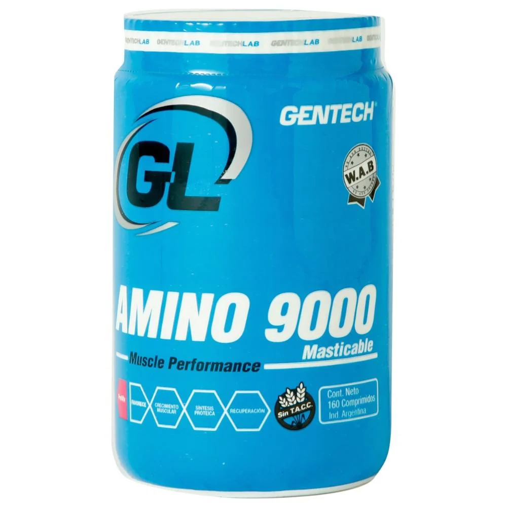 GENTECH SUPLEMENTO MASTICABLE AMINO 9000 FRUTILLA 160 COMP.